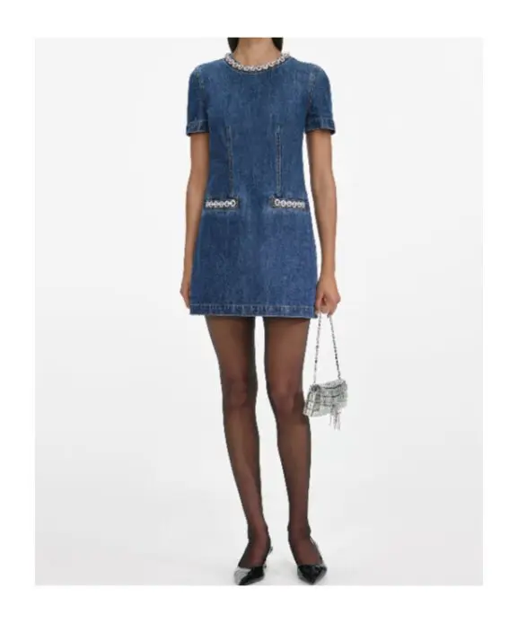 SELF-PORTRAIT Embellished Denim Mini Dress