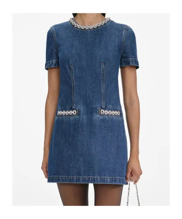 SELF-PORTRAIT Embellished Denim Mini Dress