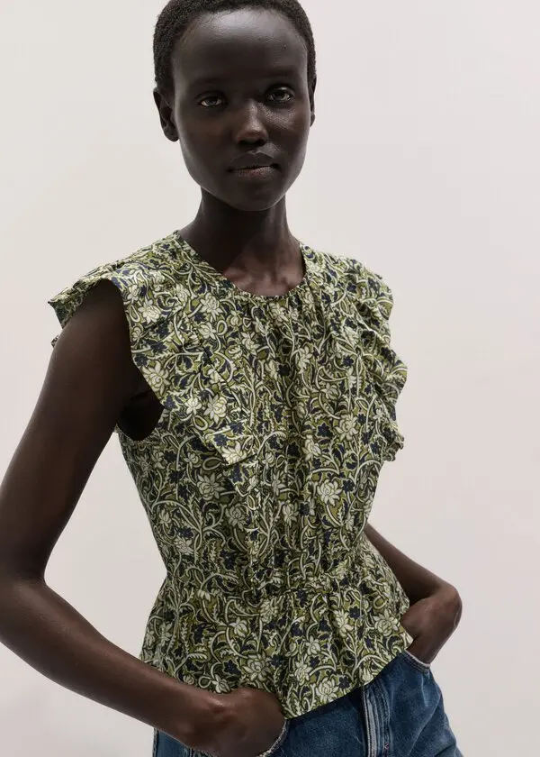ME+EM Silk Cotton Floral Print Peplum Top - Green/multi