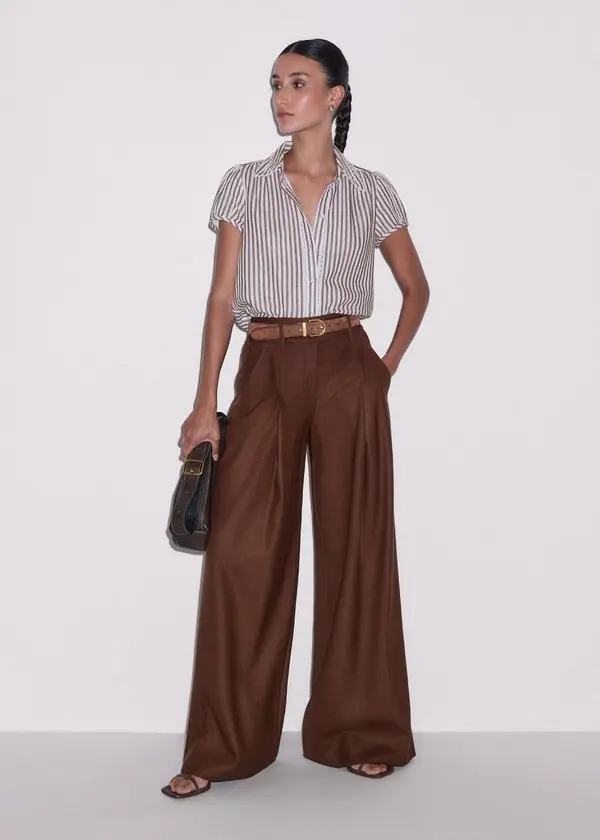 ME+EM Striped Cap Sleeve Blouse - Soft White/brown