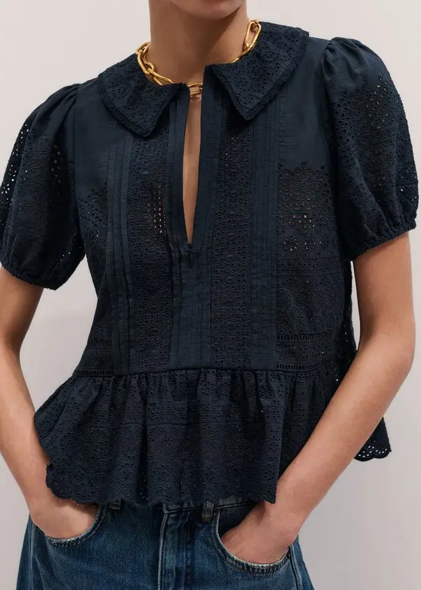 ME+EM Cotton Broderie Peplum Top - Navy