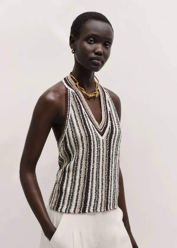 ME+EM Bouclé Textured Stripe Halter Knit Top