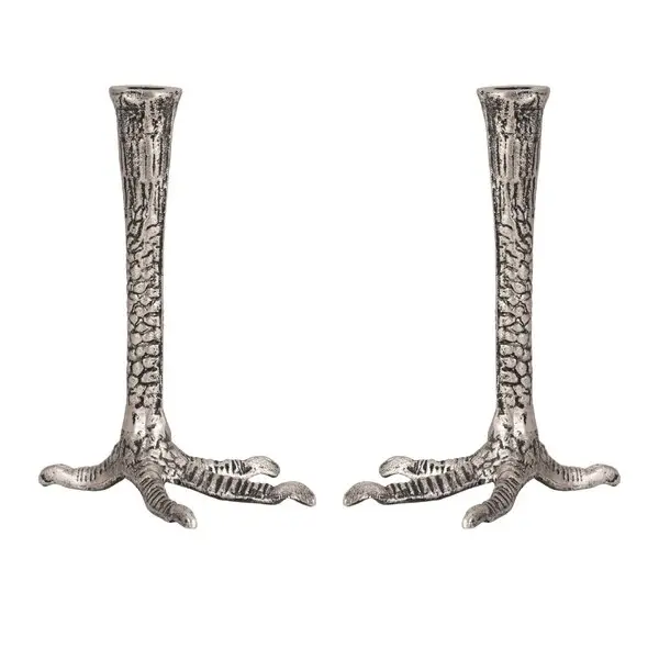 LILA RASA Distressed Nickel Bird Feet Candle Stand Set Of 2 - Silver