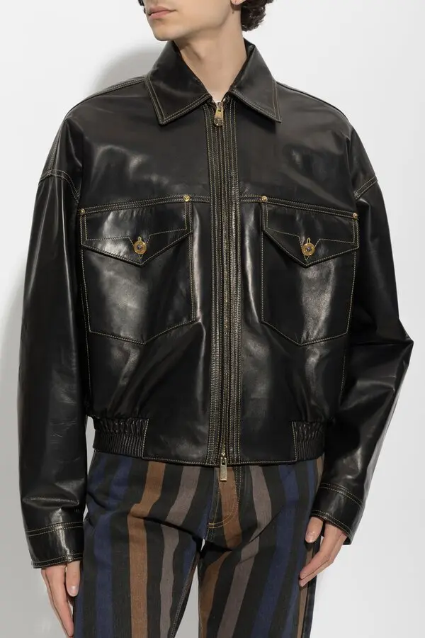 Versace Leather And Suede Paneled Bomber Jacket