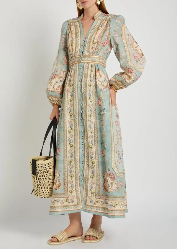 Zimmermann Roselight Plunge Linen Midi Dress - Blue
