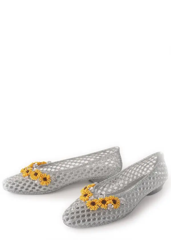 HEAVENLY JELLY Glittered Cut-out Ballet Flats With Floral Embellishments