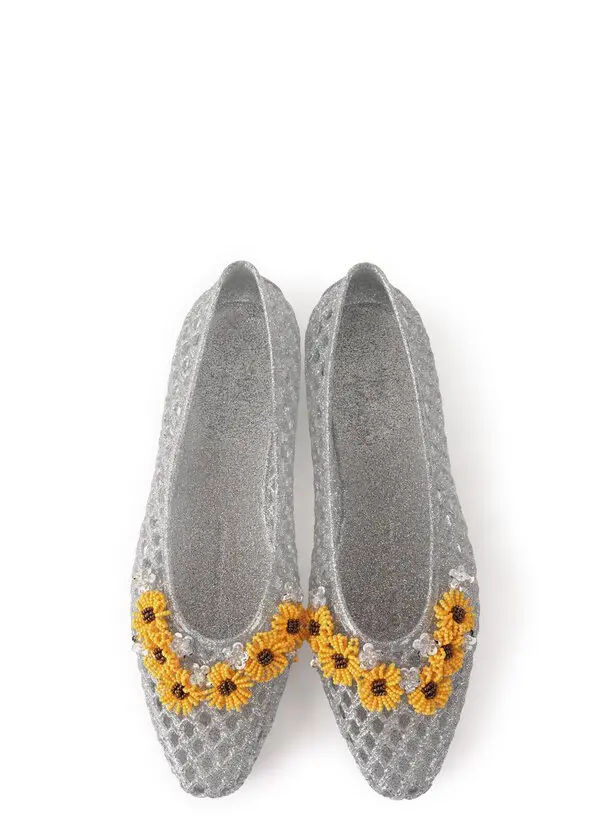 HEAVENLY JELLY Glittered Cut-out Ballet Flats With Floral Embellishments