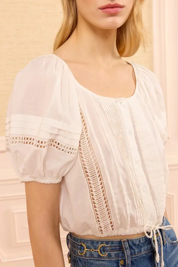 Ulla Johnson Clara Cropped Cotton Voile Blouse With Lace And Pintucks - Pristine