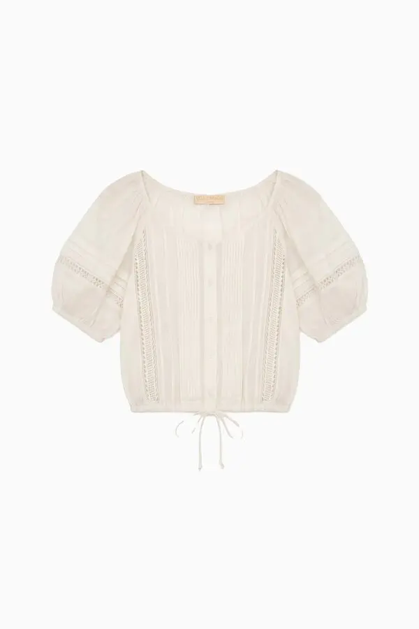Ulla Johnson Clara Cropped Cotton Voile Blouse With Lace And Pintucks - Pristine