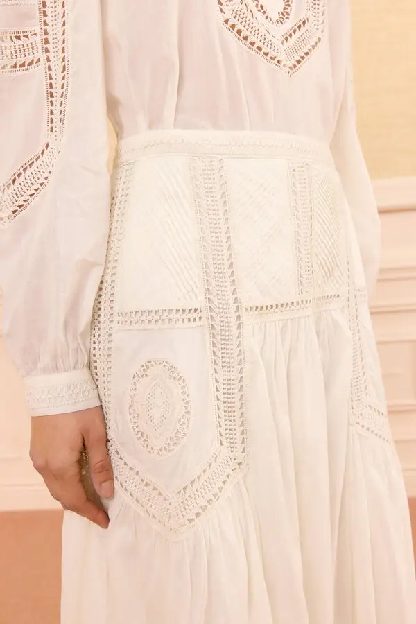 Ulla Johnson Alice Cotton Midi Skirt With Crocheted Lace - Pristine
