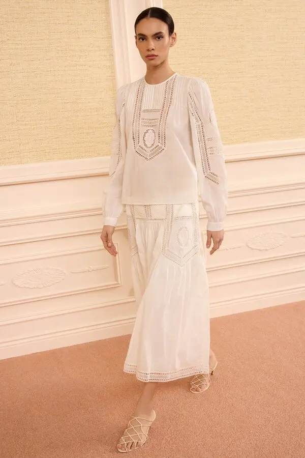 Ulla Johnson Alice Cotton Midi Skirt With Crocheted Lace - Pristine