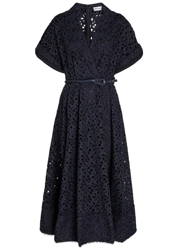 Rebecca Vallance Antalya Embroidered Belted Cotton Midi Dress - Navy