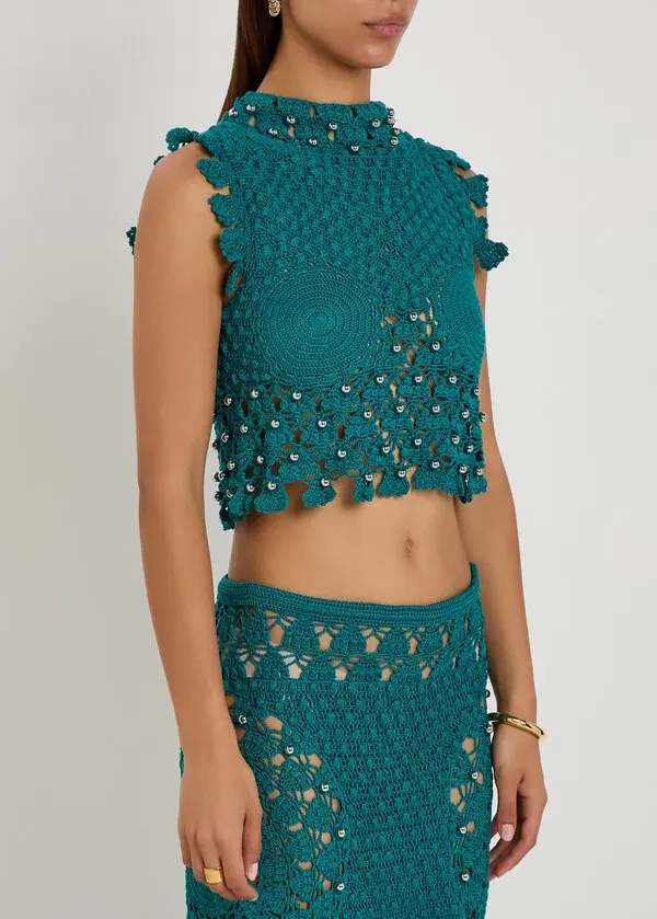 Rabanne Embellished Crochet Cotton Crop Top