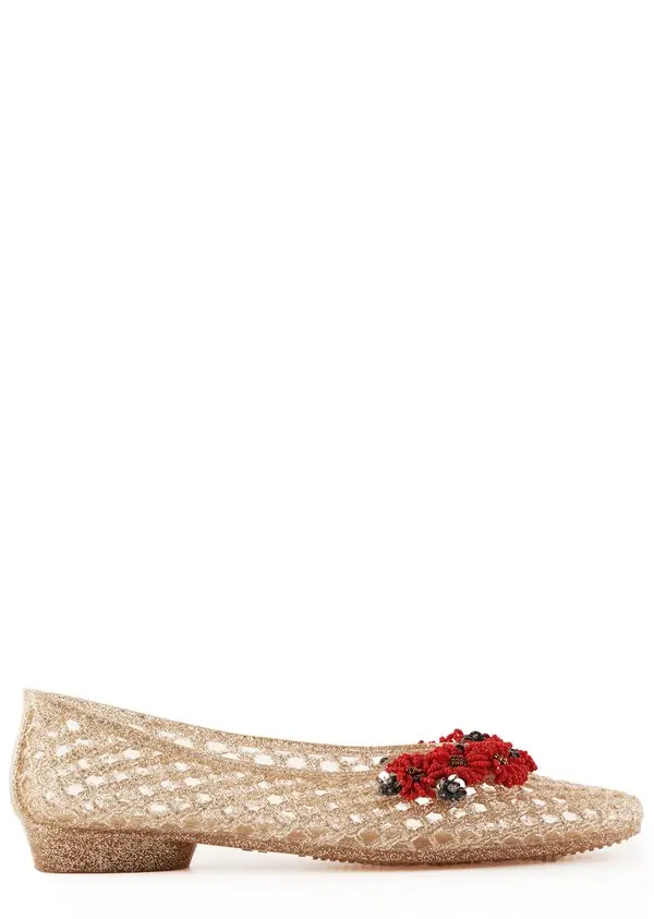 HEAVENLY JELLY Flower-embellished Jelly Ballet Flats - Gold