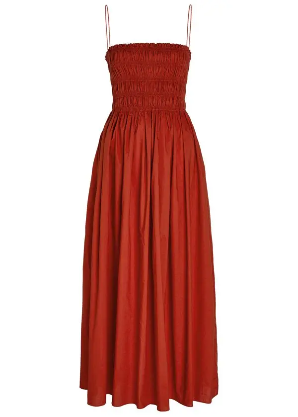 Matteau Shirred Cotton-poplin Midi Dress - Red