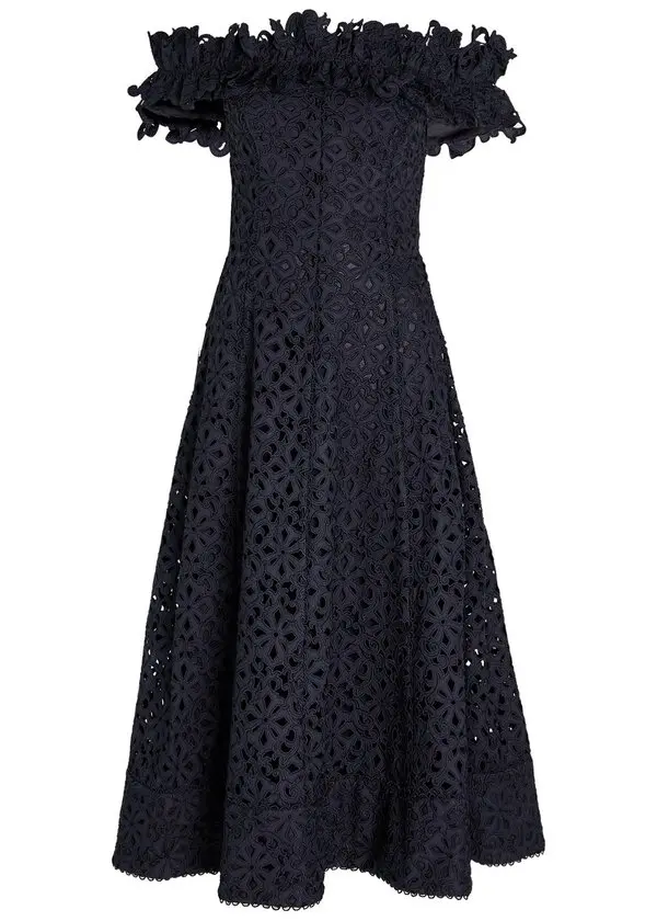 Rebecca Vallance Antalya Embroidered Off-the-shoulder Cotton Midi Dress - Navy