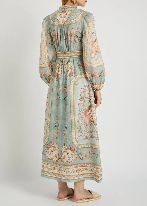 Zimmermann Roselight Printed Plunge Linen Midi Dress - Blue