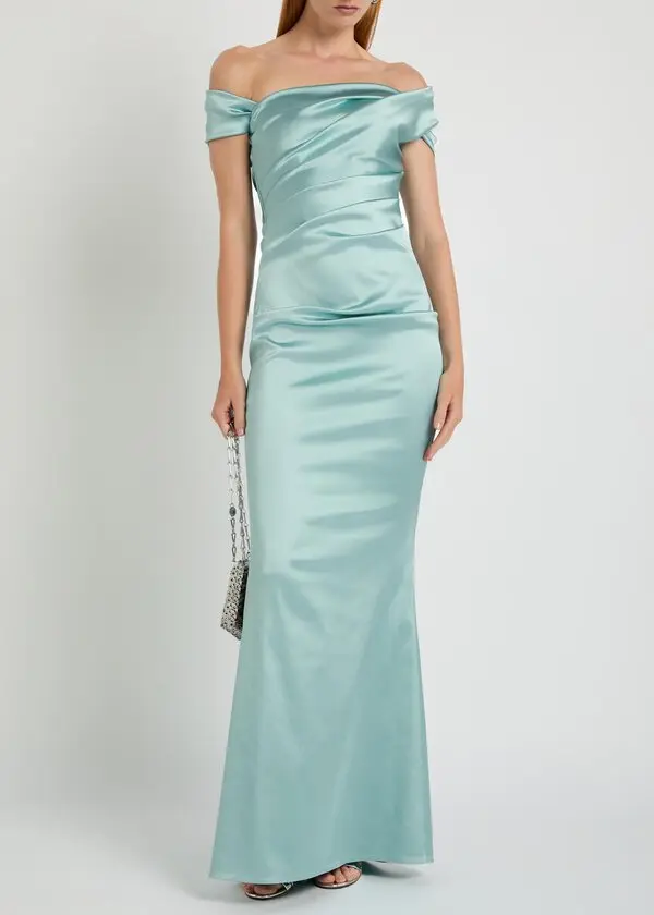 Talbot Runhof Asymmetric Off-the-shoulder Satin Gown - Light Blue