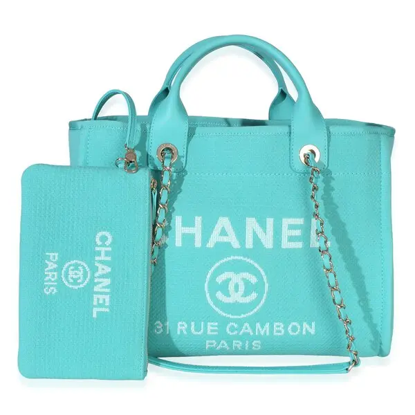 Chanel Turquoise Mixed Fibers Canvas Deauville Tote - Blue