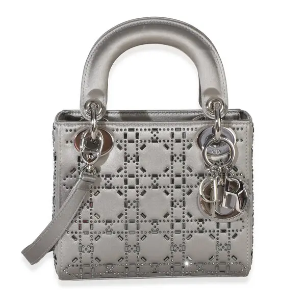 Dior Grey Satin Crystal Cannage Lady Bag - Gray
