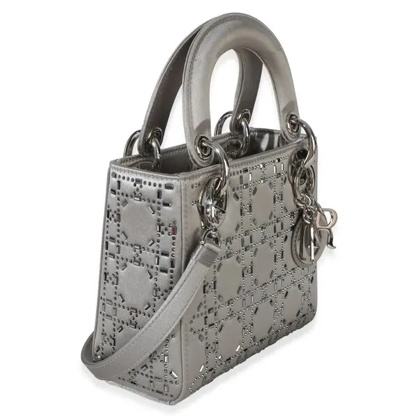 Dior Grey Satin Crystal Cannage Lady Bag - Gray