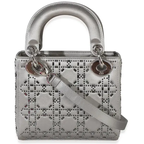 Dior Grey Satin Crystal Cannage Lady Bag - Gray