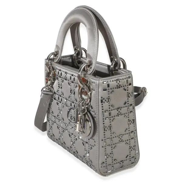 Dior Grey Satin Crystal Cannage Lady Bag