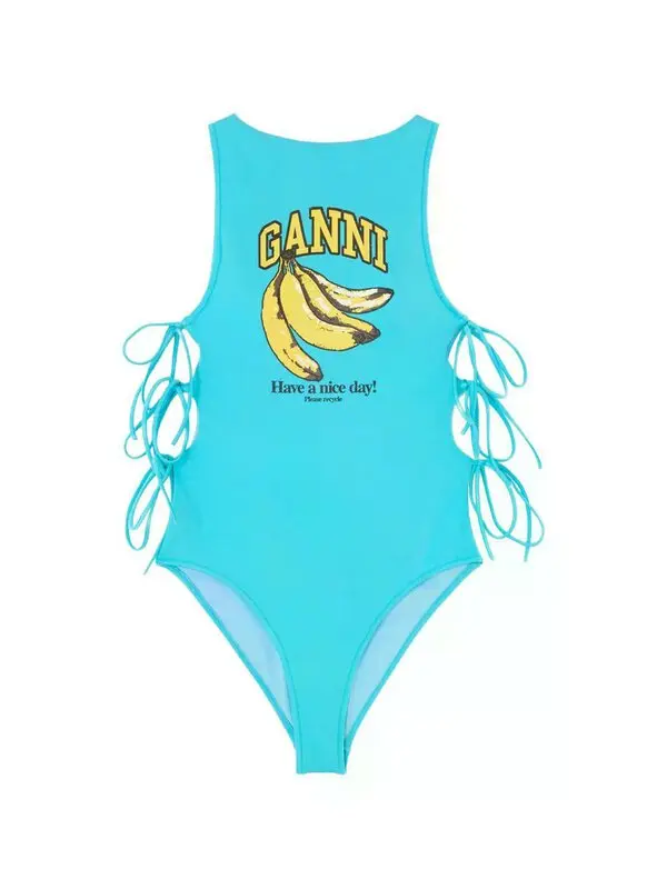 GANNI Banana Print Lace-up Swimsuit - Blue