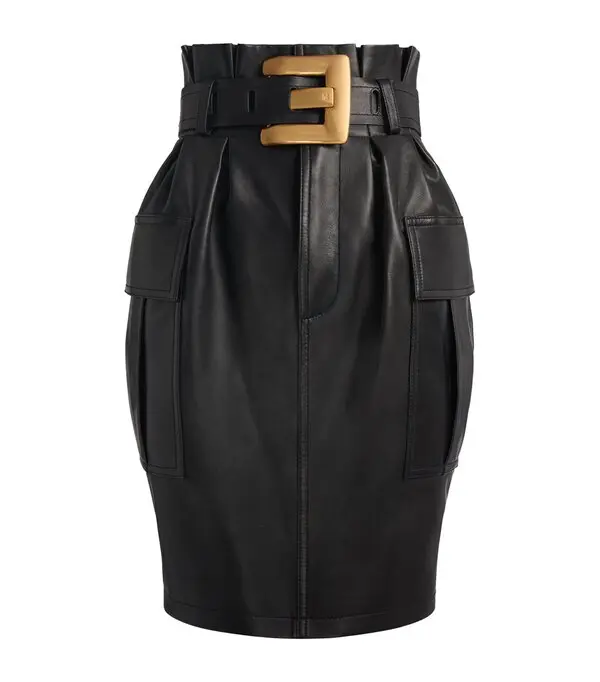 Balmain Lambskin Belted Midi Skirt - Black