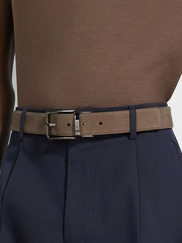 Zegna Textured Leather Belt With Engraved Buckle