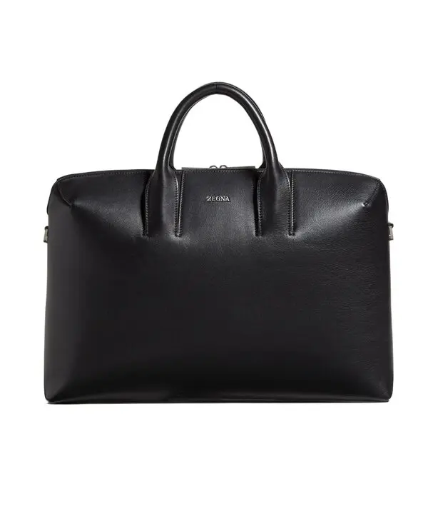 Zegna Logo Detailed Top Handle Briefcase - Black