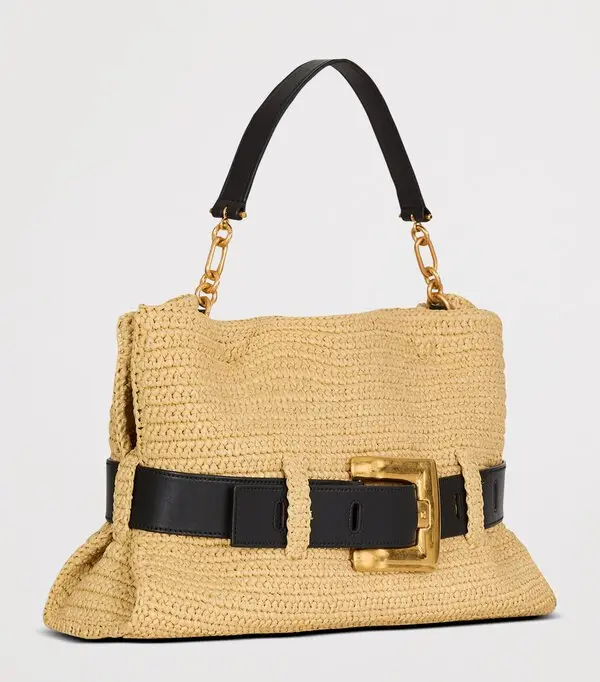 Balmain Faux-raffia Shoulder Bag With Belt Detail - Beige