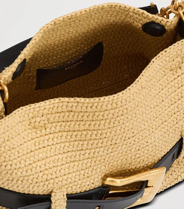 Balmain Faux-raffia Shoulder Bag With Belt Detail - Beige