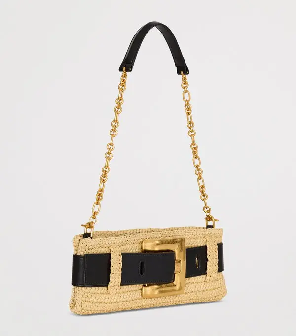Balmain Faux Raffia Anthem Clutch Bag With Chain Strap - Beige
