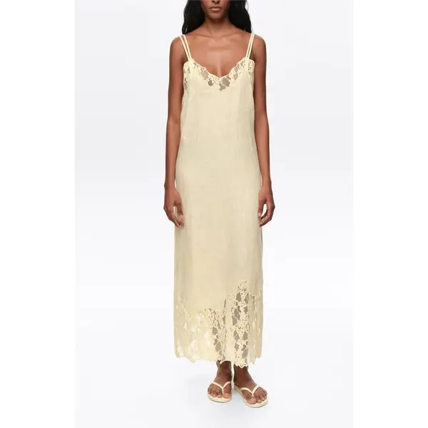 Bimba Y Lola Washed Linen Lace V-neck Midi Dress - Light Yellow