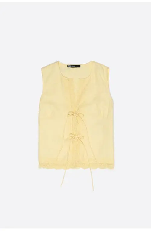 Bimba Y Lola Sleeveless Lace Trimmed Linen Shirt - Light Yellow