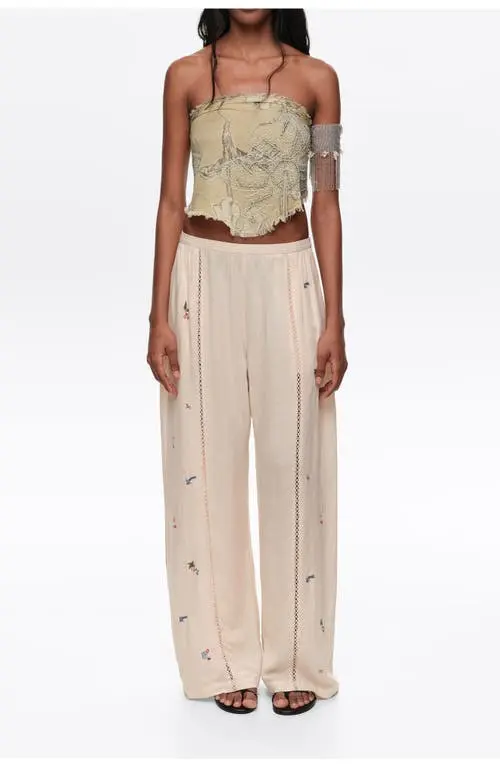 Bimba Y Lola Wide Linen Trousers With Lace And Embroidery - Sand
