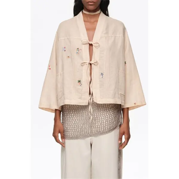 Bimba Y Lola Embroidered Linen Blend Kimono Jacket - Sand