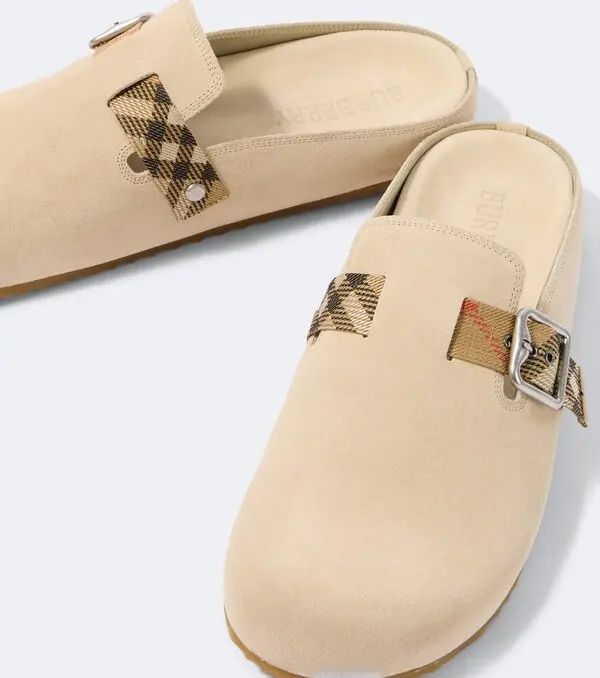 Burberry Suede Buckled Clogs - Beige