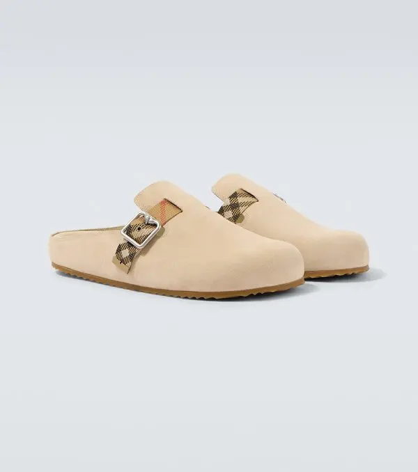 Burberry Suede Buckled Clogs - Beige