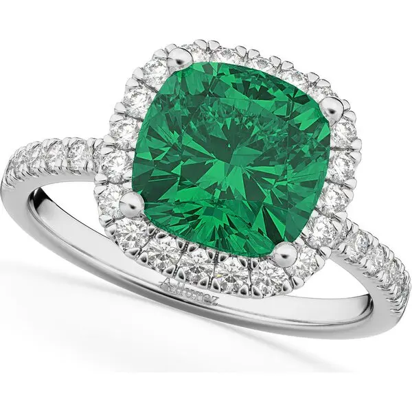ALLUREZ Cushion Cut Halo Lab Emerald & Lab Diamond Engagement Ring In 14k White Gold - 3.11ct/white Gold