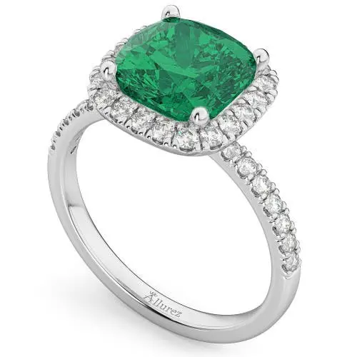 ALLUREZ Cushion Cut Halo Lab Emerald & Lab Diamond Engagement Ring In 14k White Gold