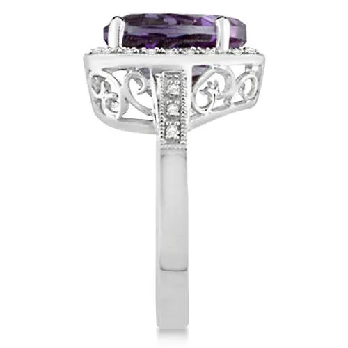 ALLUREZ 14k White Gold Heart Shaped Amethyst And Diamond Halo Ring