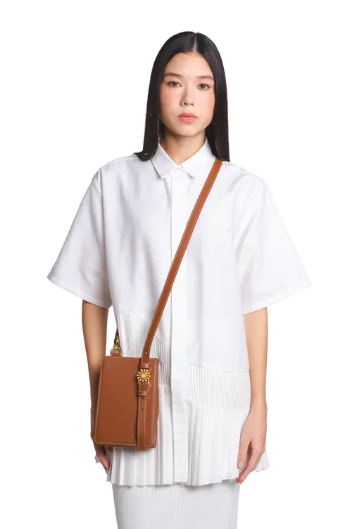 ESTHERA 1pm Leather Crossbody Bag - Caramel