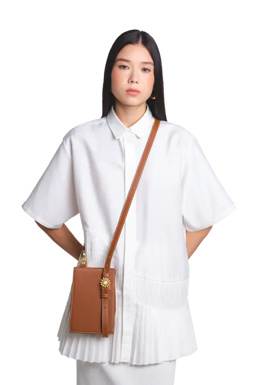 ESTHERA 1pm Leather Crossbody Bag - Caramel