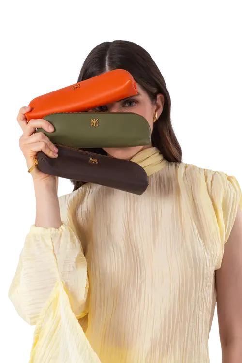 ESTHERA Leather Pencil Case - Coffee Brown