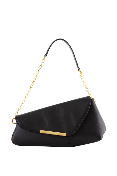 ESTHERA Leather Shoulder Bag With Chain Strap - Black