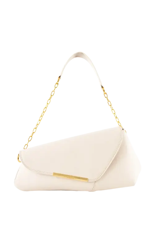 ESTHERA Leather Shoulder Bag With Chain Strap - Sand