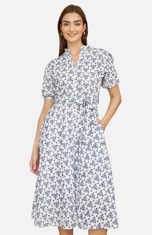 YUMI Broderie Anglaise Midi Shirt Dress - Cool White