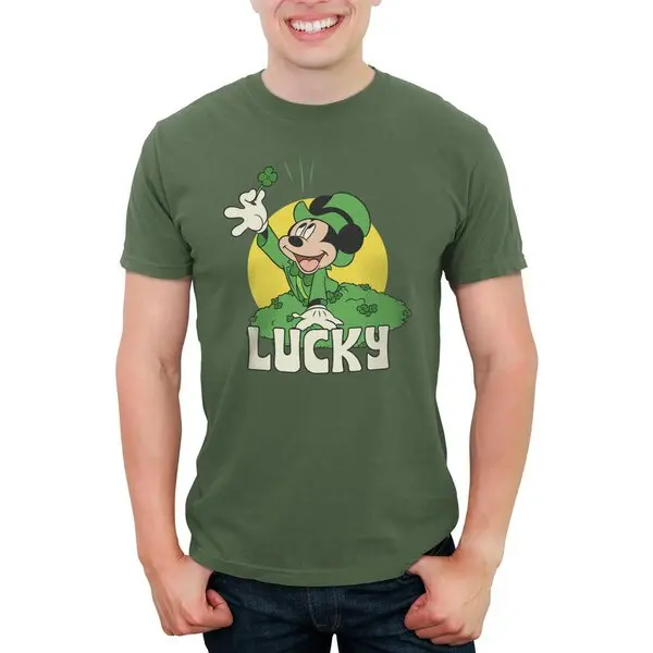 MICKEY & FRIENDS St. Patrick's Day Mickey Lucky 4 Leaf Clover Graphic T-shirt - Moss